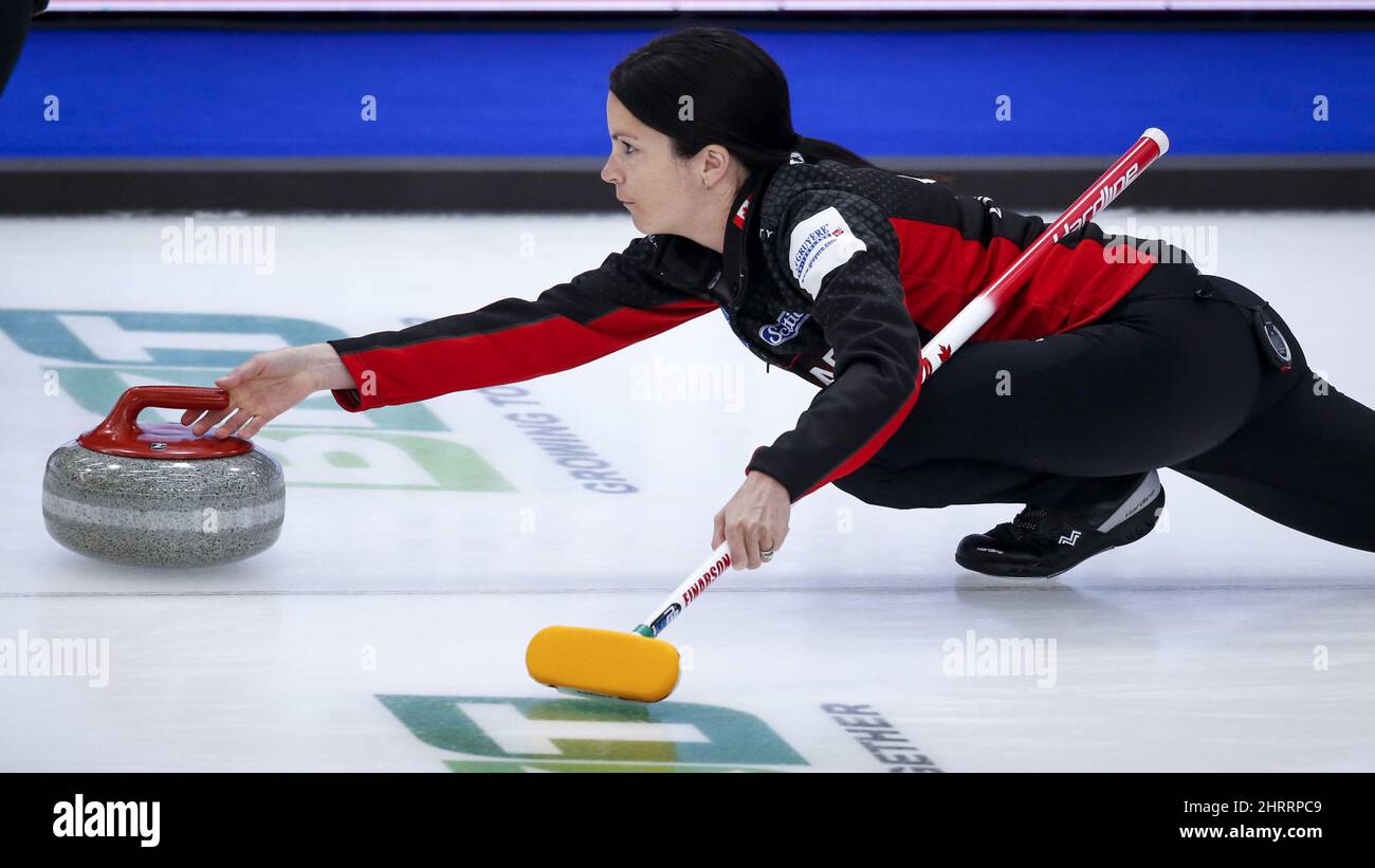 Canada skip Kerri Einarson releases a stone against Switzerland at the ...