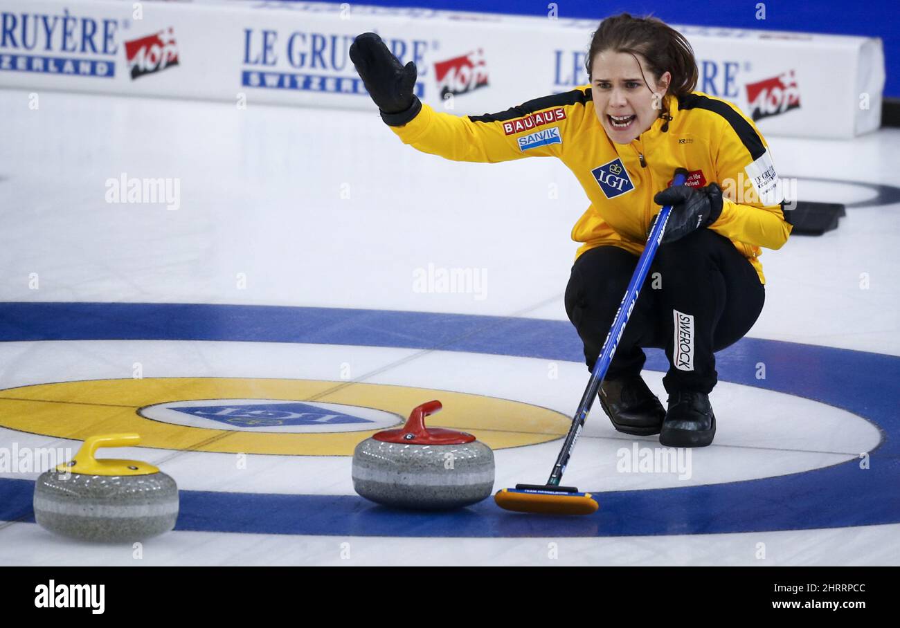 Sweden skip Anna Hasselborg directs her teammates against Denmark at ...