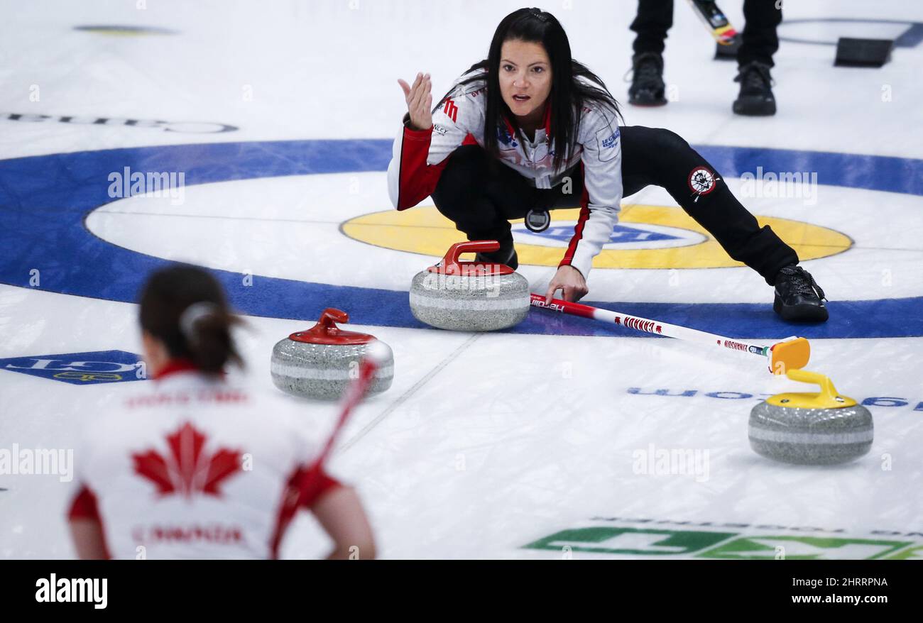 Team Canada skip Kerri Einarson gestures to her teammates as they play ...