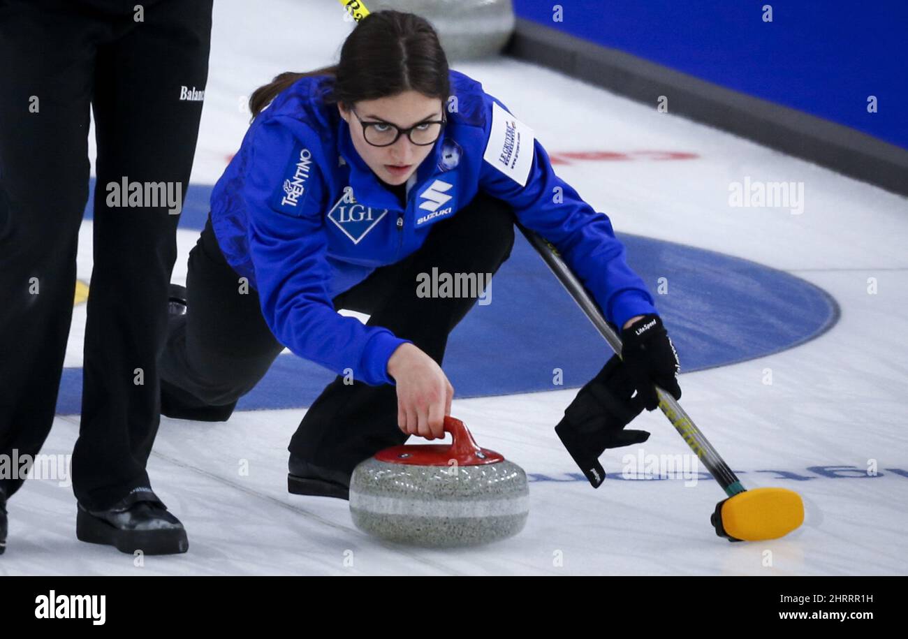 Italy skip Stefania Constantini makes a shot against Team Canada at the ...