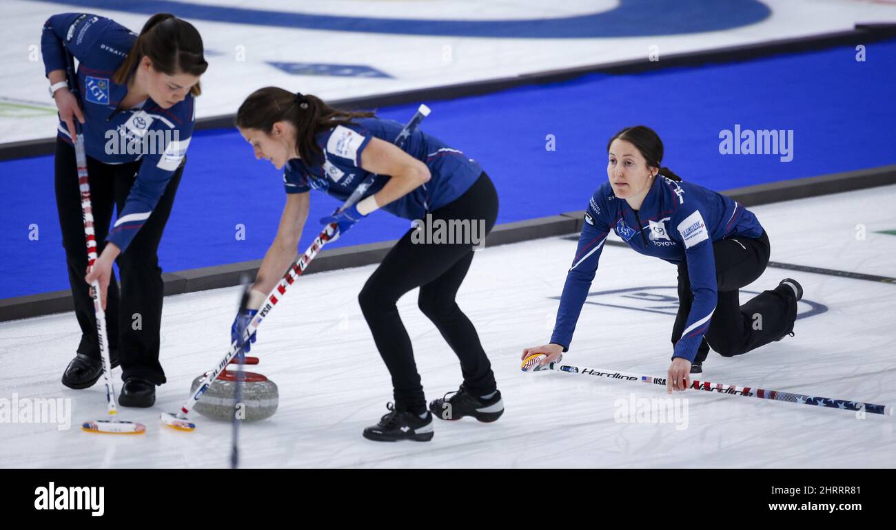 United States skip Tabitha Peterson, right, makes a shot as second ...