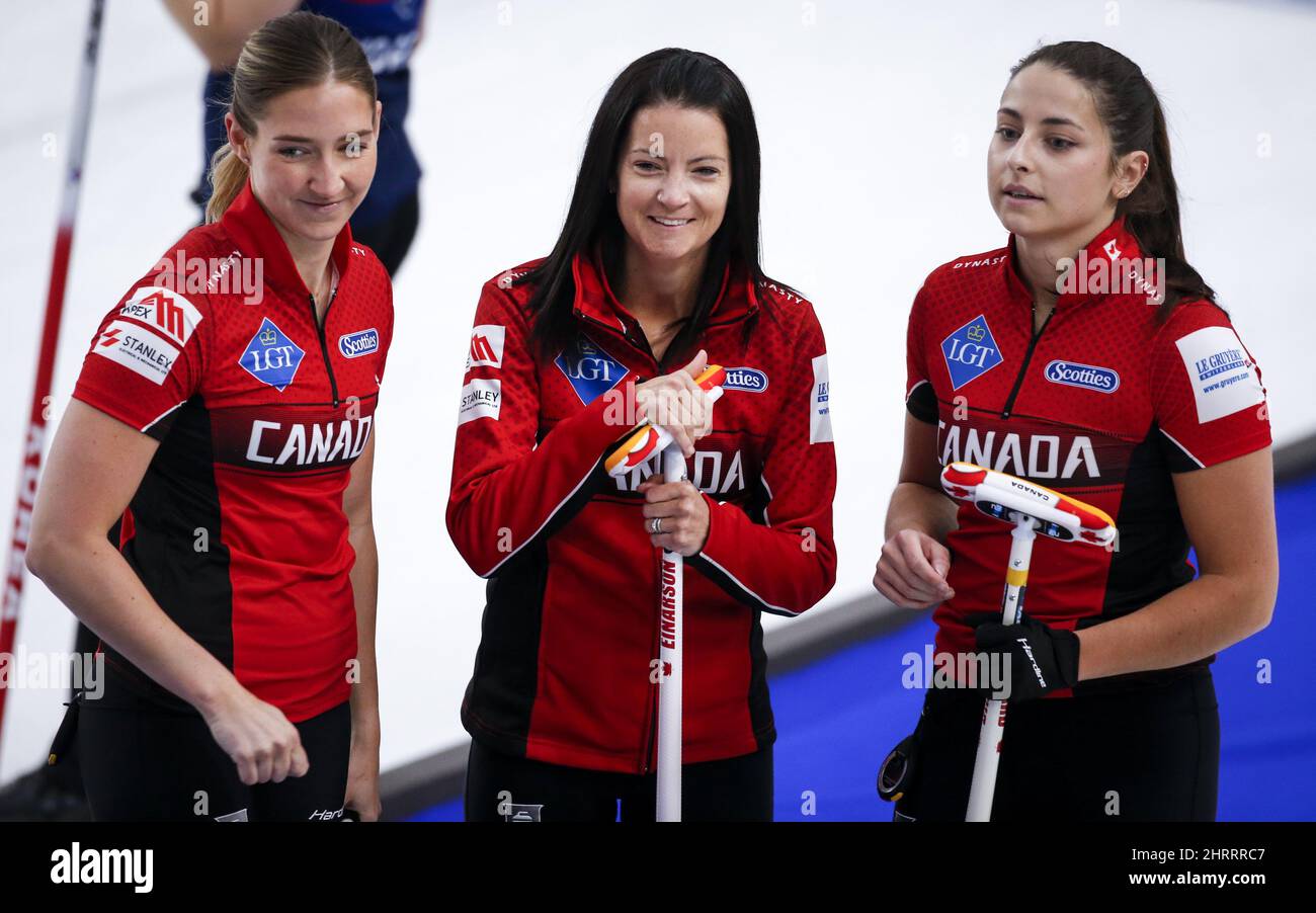 Team Canada, left to right, lead Briane Meilleur, skip Kerri Einarson ...