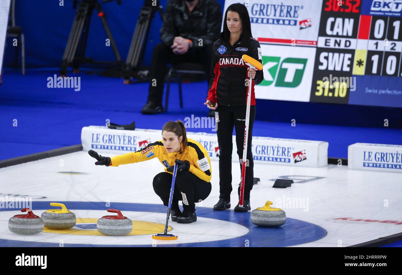 Sweden skip Anna Hasselborg, left, directs her teammates as Canada skip ...