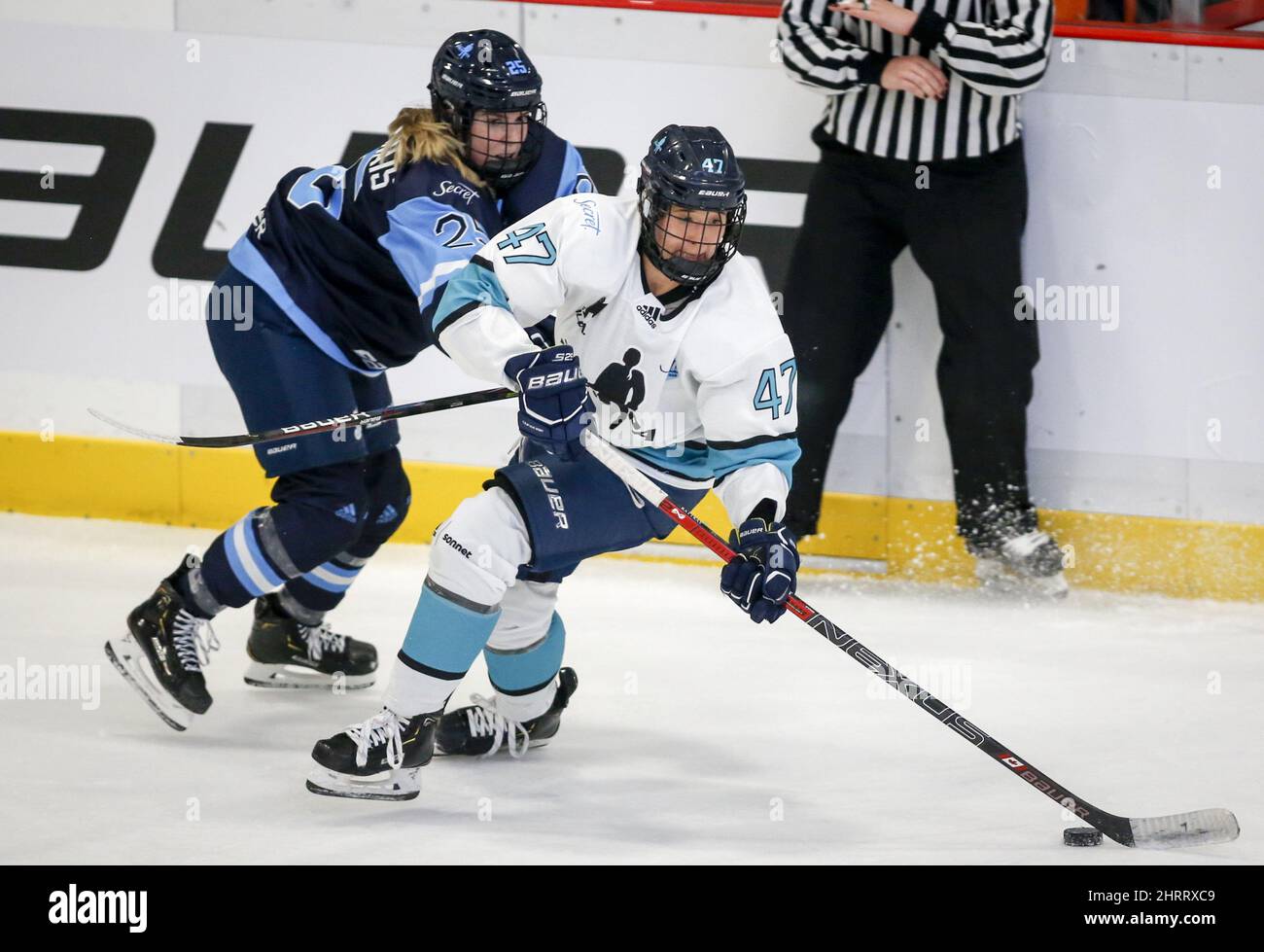 Team Bauer Jaime Bourbonnais, left, checks Team Sonnet Jamie Lee ...
