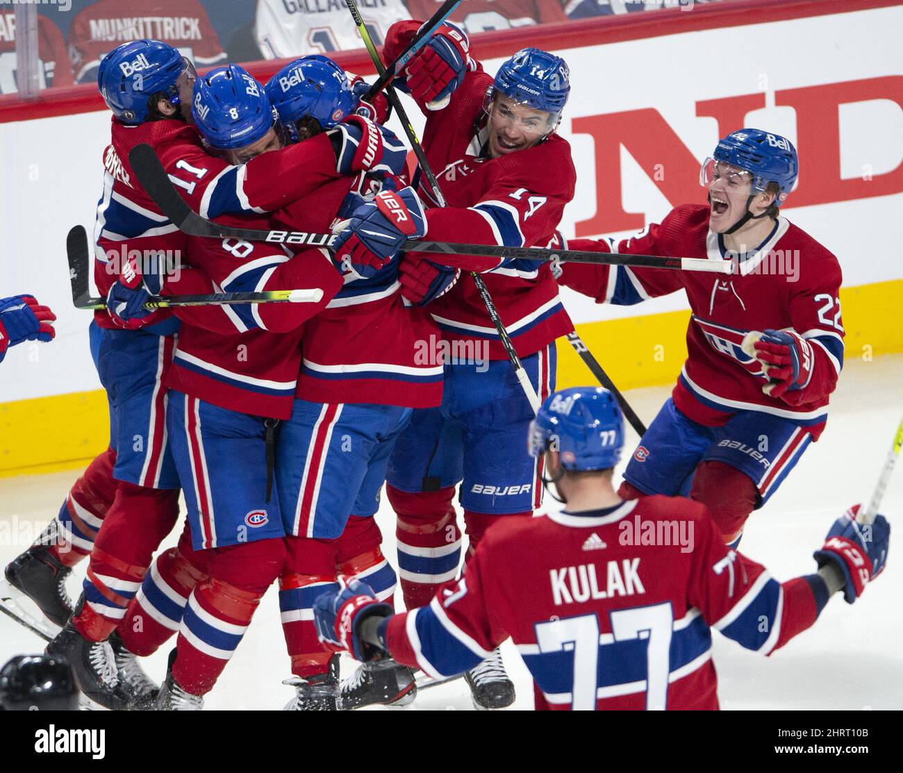 Montreal Canadiens right wing Tyler Toffoli (73) is mobbed by teammates ...