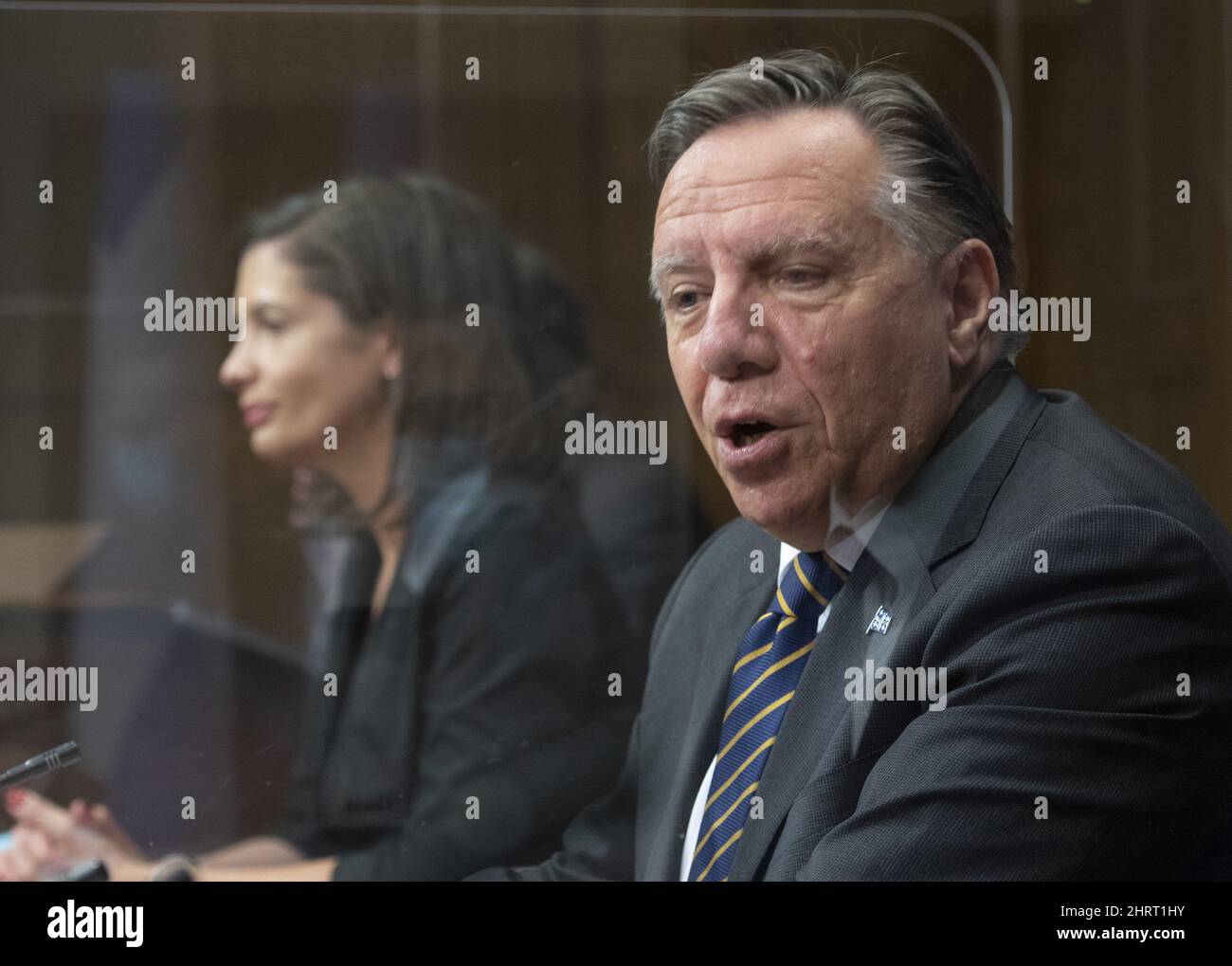 Quebec Premier Francois Legault speaks at the news conference marking ...