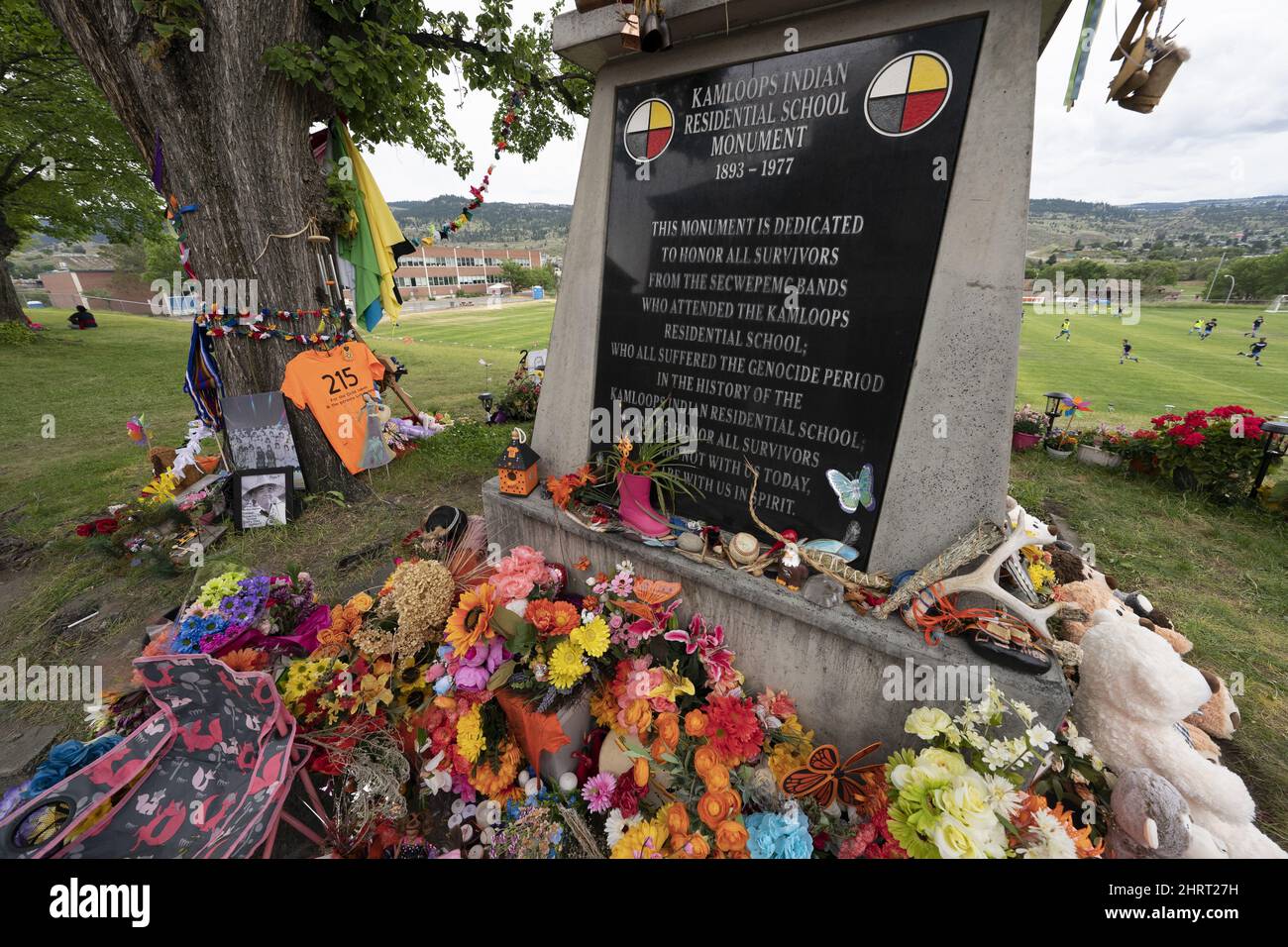 A memorial is seen outside the Residential School in Kamloops, B.C ...