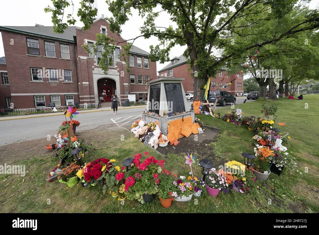 A memorial is seen outside the Residential School in Kamloops, B.C ...