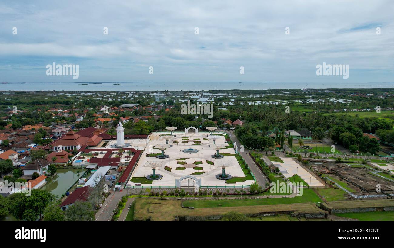 Aerial view of Grand mosque in Banten. Top view of the mosque forest ...