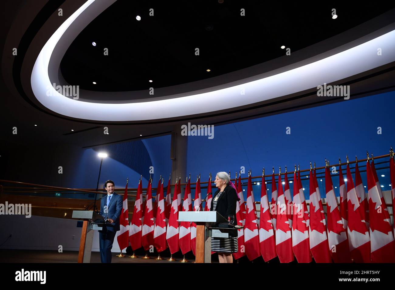 Mary Simon speaks as Prime Minister Justin Trudeau looks on during an announcement at the ...