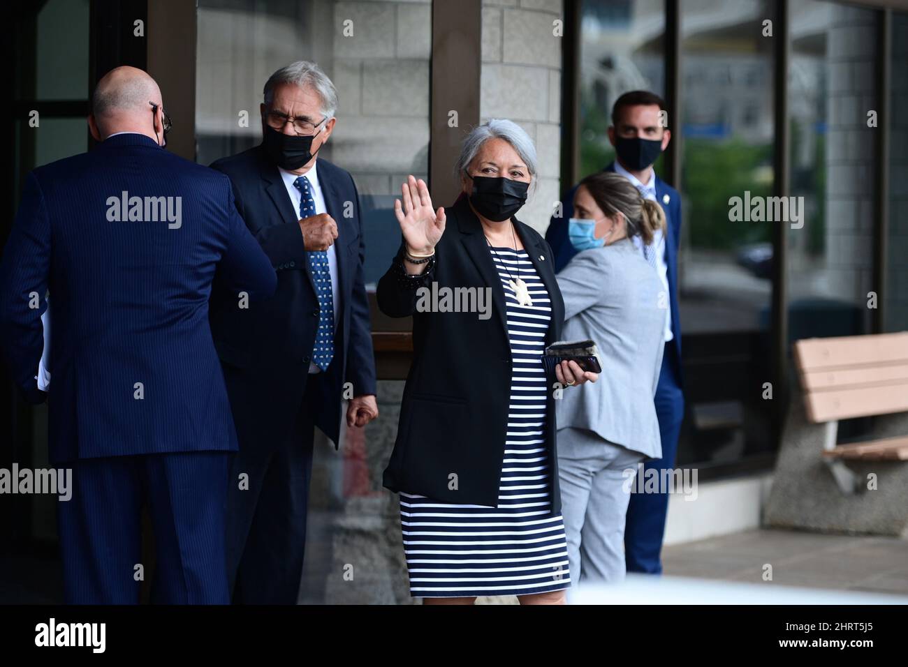 Mary Simon, centre, and her husband Whit Fraser leave after an announcement at the Canadian ...
