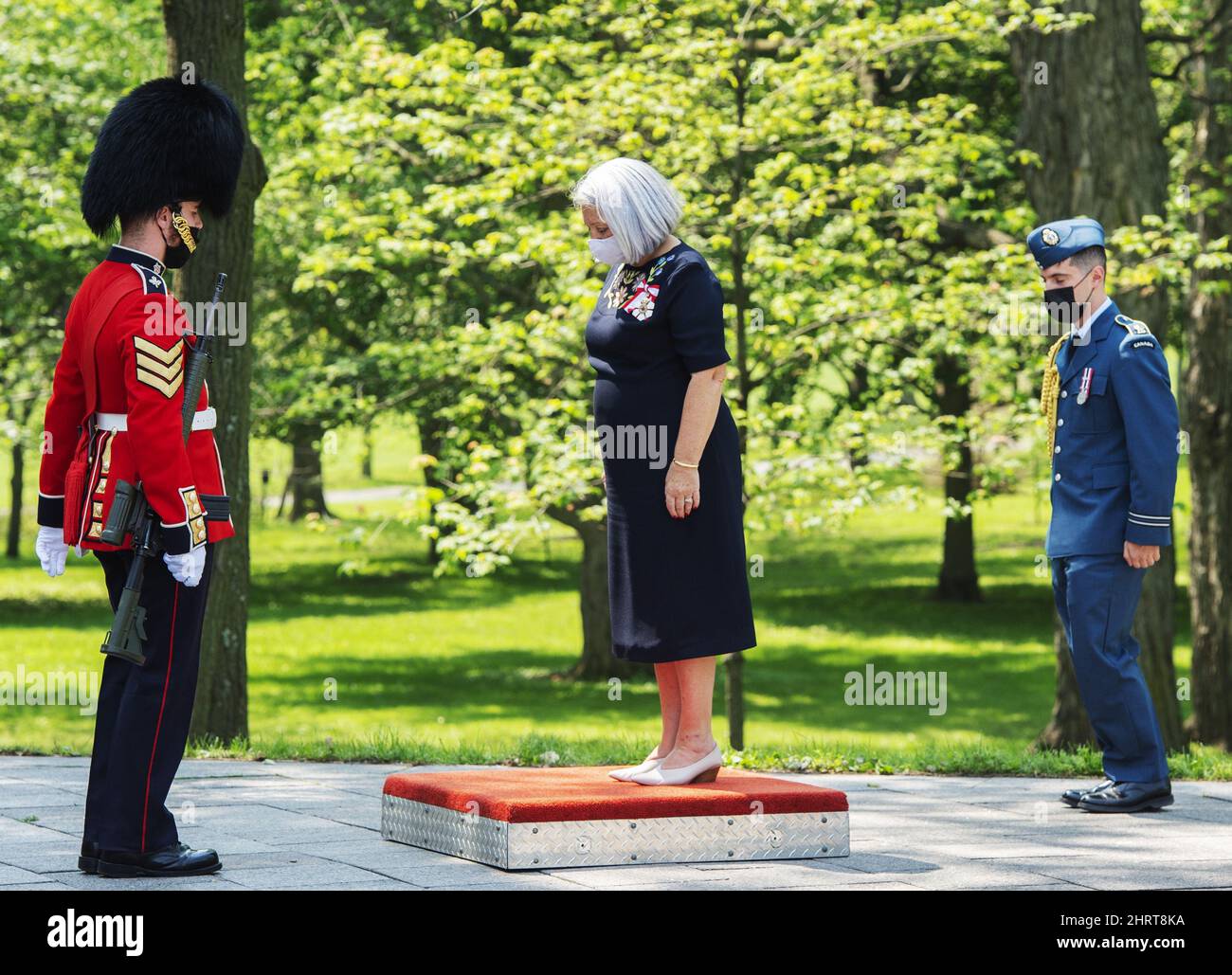Governor General Mary Simon is greeted by an honour guard as she arrives at Rideau Hall, Monday ...