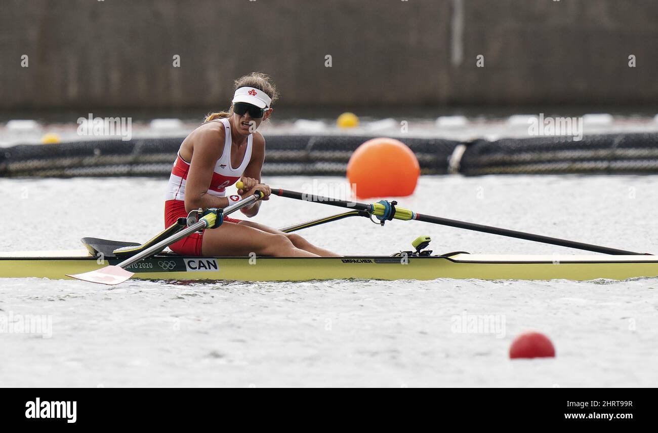 Canada's Carling Zeeman rests following the women's single sculls final ...