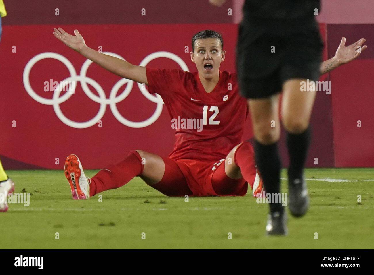 Canada's Christine Sinclair pleads for a penalty kick during the women ...