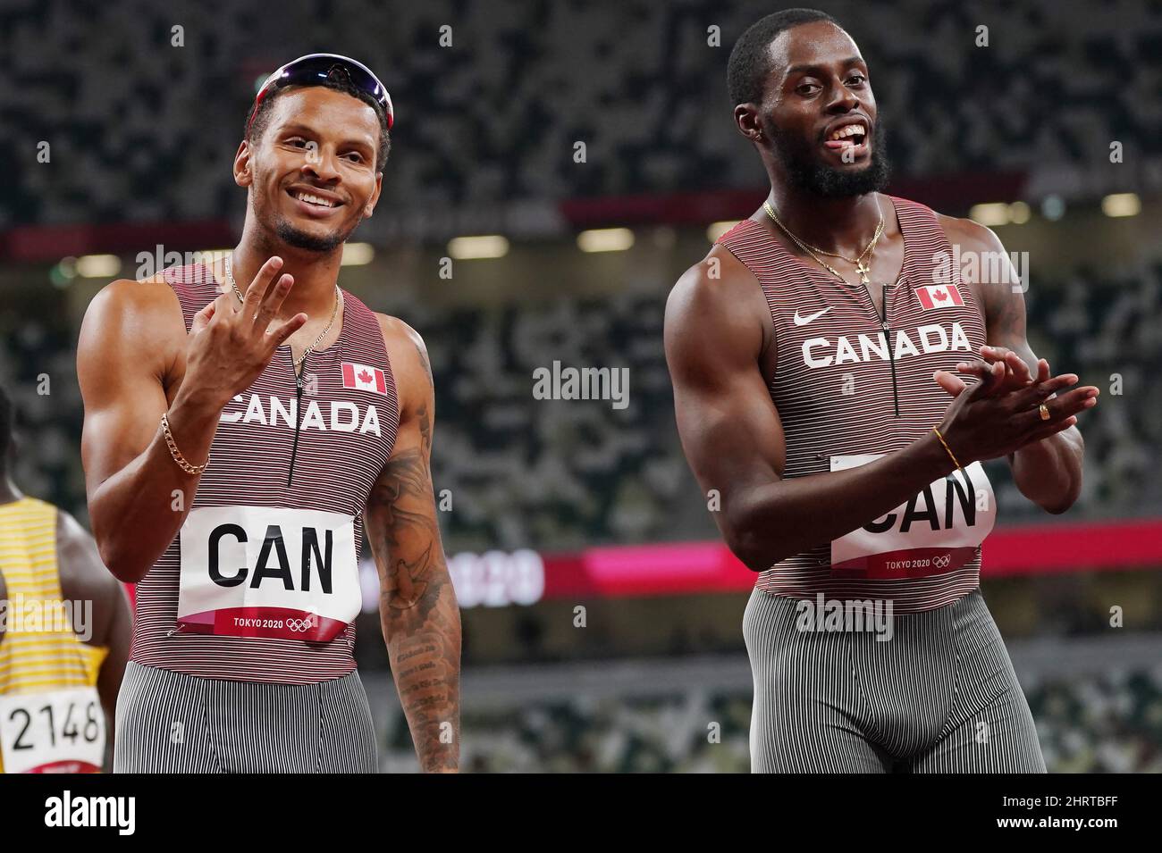 Canada's Andre De Grasse and Brendon Rodney celebrate after winning the ...