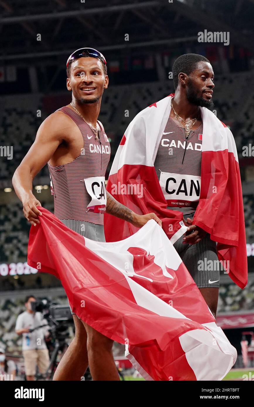 Canada's Andre De Grasse and Brendon Rodney celebrate after winning the ...