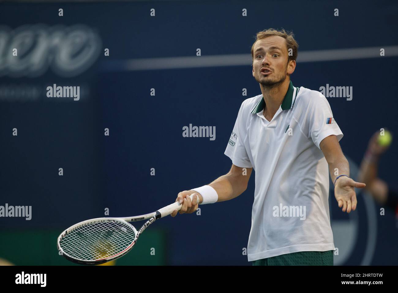 Daniil Medvedev, of Russia, reacts to his coach after losing a point to ...