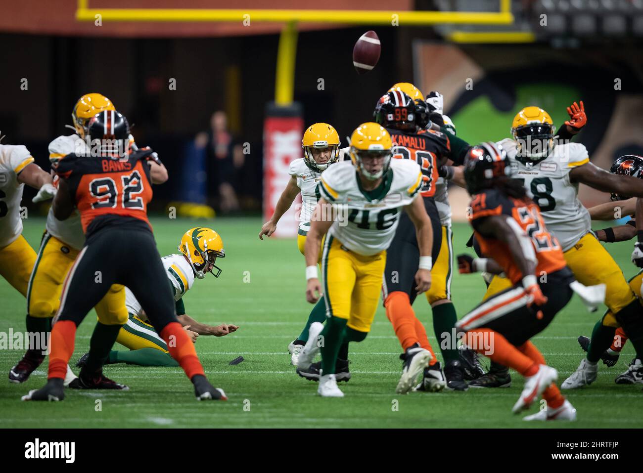 Edmonton Elks' Sean Whyte, back centre, kicks a field goal against the ...