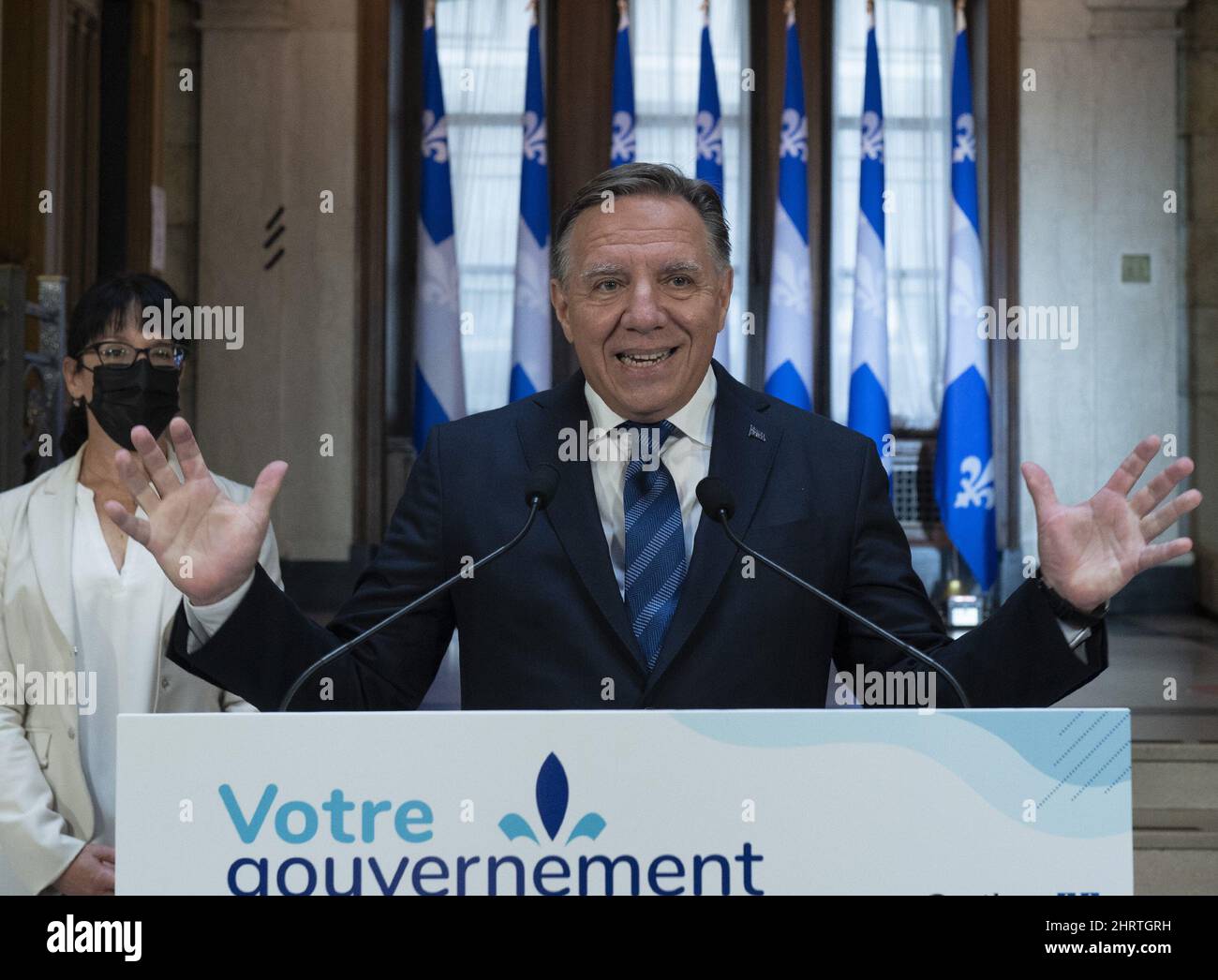 Quebec Premier Francois Legault gestures as he unveils his wish list to ...