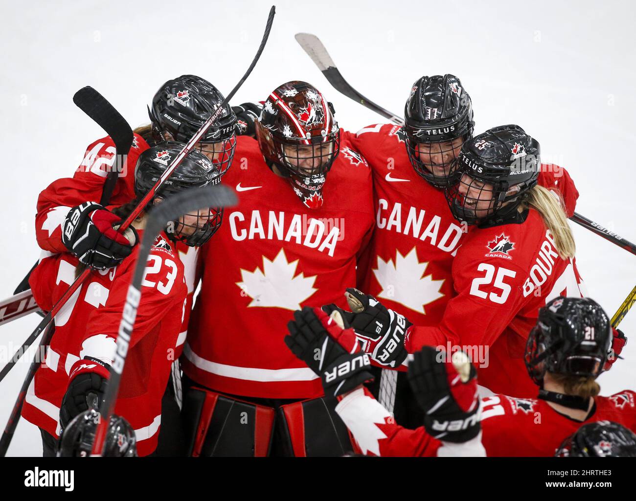 Canada's goalie Ann-Renee Desbiens, centre, celebrates with teammates ...