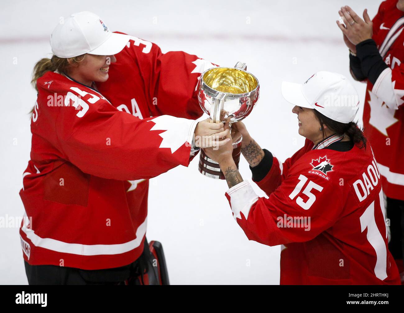 Team Canada's goalie Ann-Renee Desbiens, left, and Melodie Daoust ...