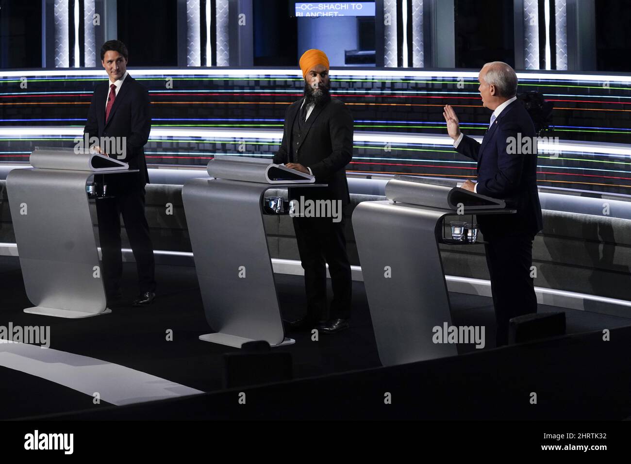 Liberal Leader Justin Trudeau, left to right, NDP Leader Jagmeet Singh ...