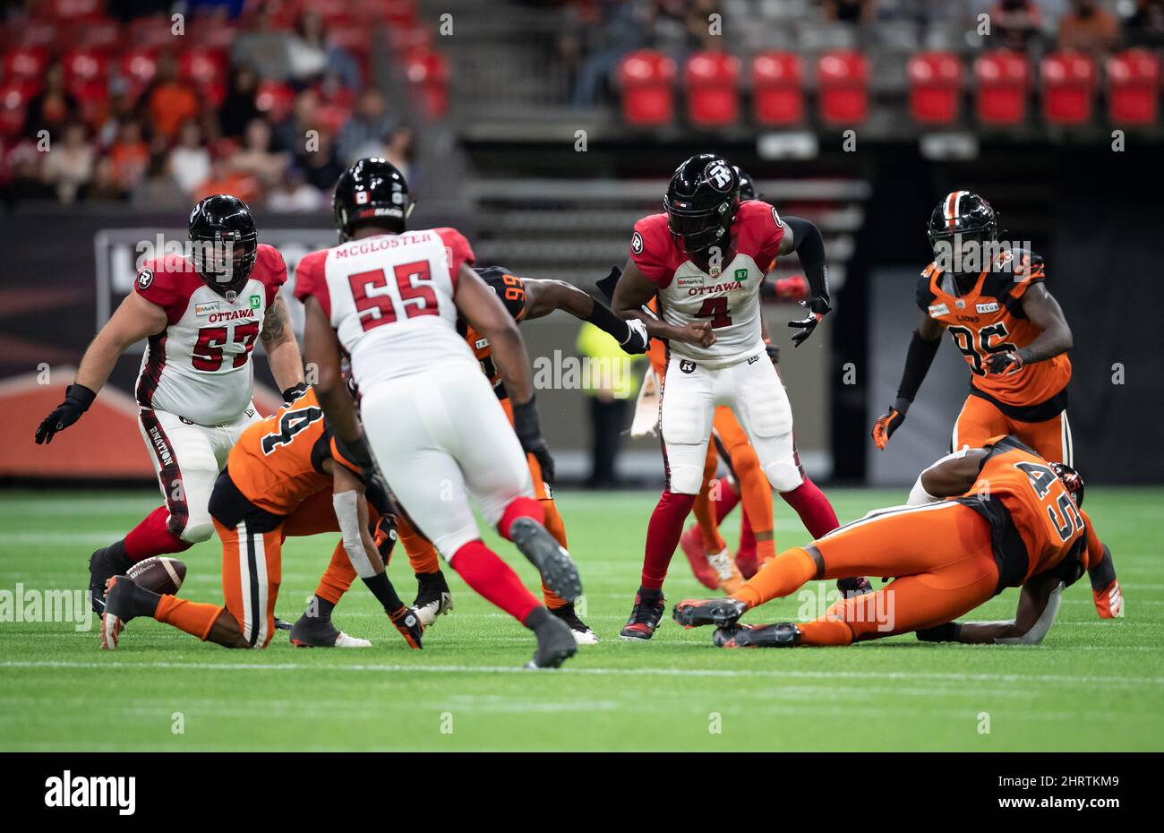 Ottawa Redblacks quarterback Dominique Davis (4) fumbles the ball ...