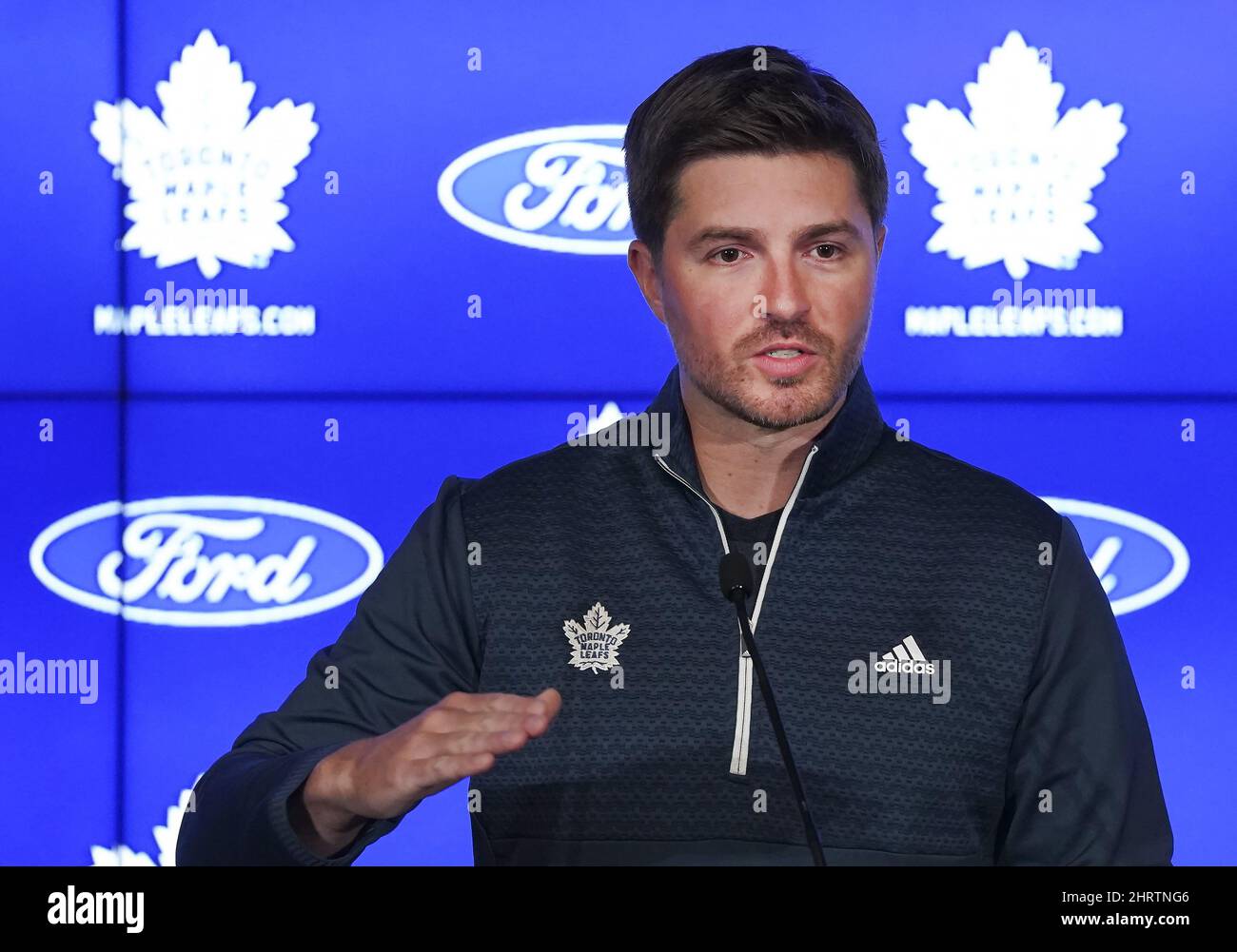 Toronto Maple Leafs General Manager Kyle Dubas speaks to the media as ...