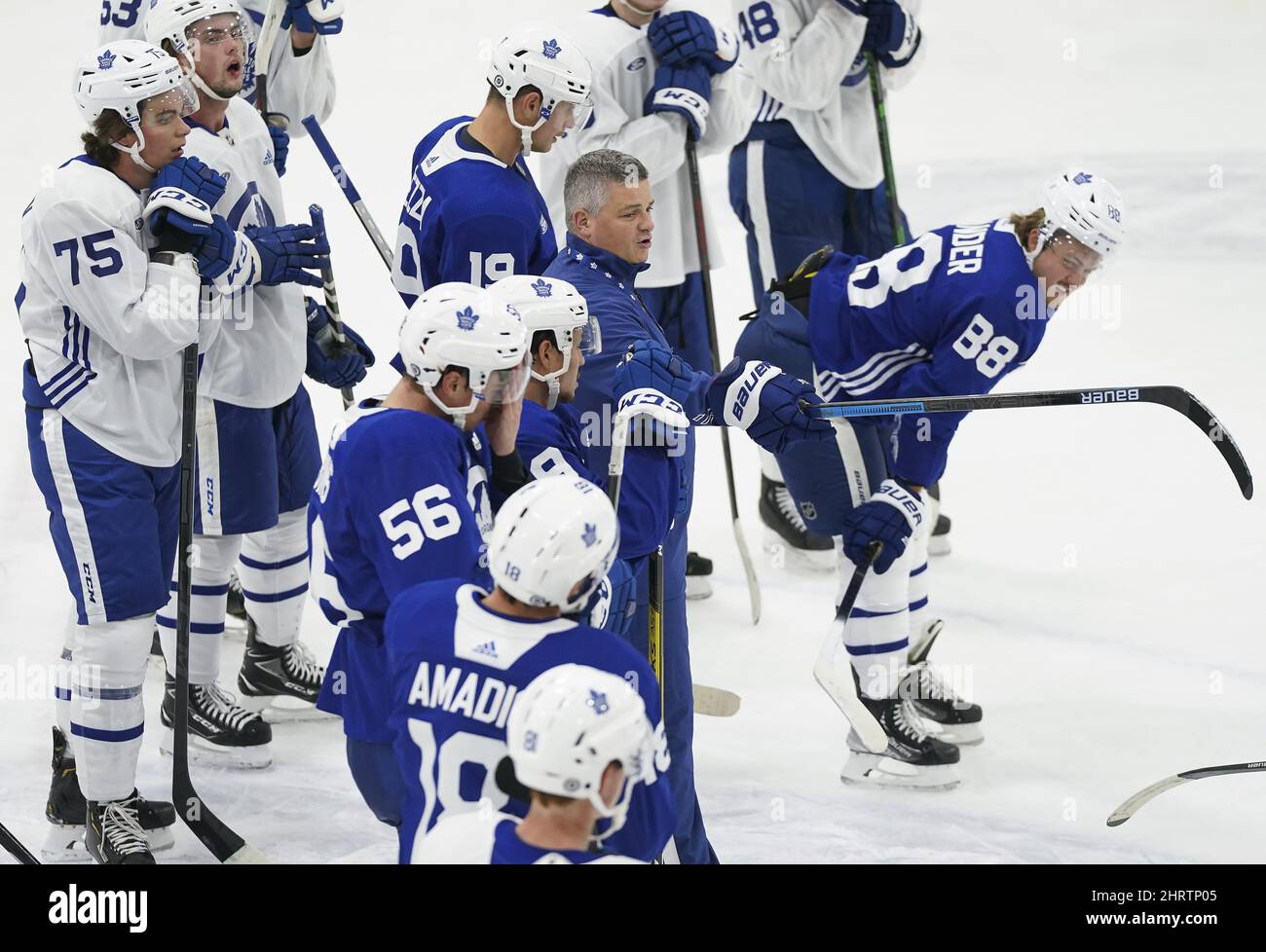 Toronto Maple Leafs head coach Sheldon Keefe, centre, runs his teams ...