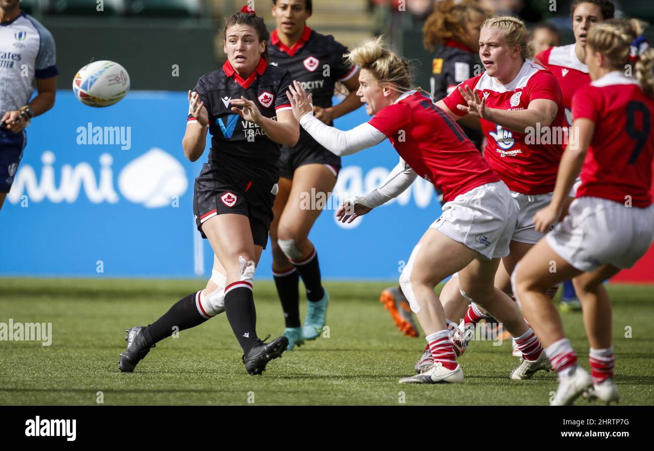 Canada's Alysha Corrigan, left, passes the ball as Great Britain's ...