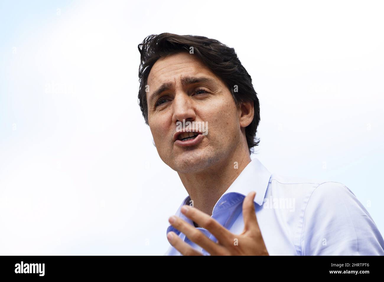 Prime Minister Justin Trudeau speaks to media as he visits a vaccine ...