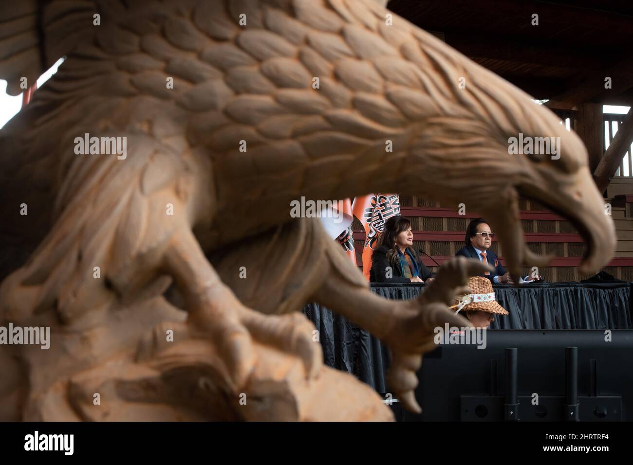 An eagle carving commemorating residential school survivors is seen as ...