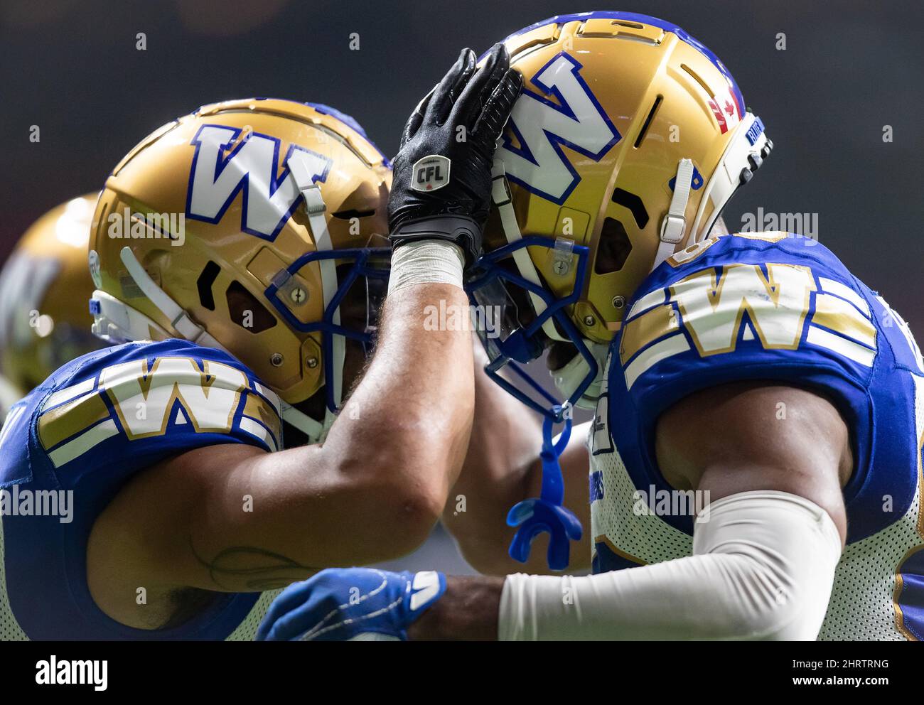 Winnipeg Blue Bombers' Rasheed Bailey, right, celebrates his touchdown ...