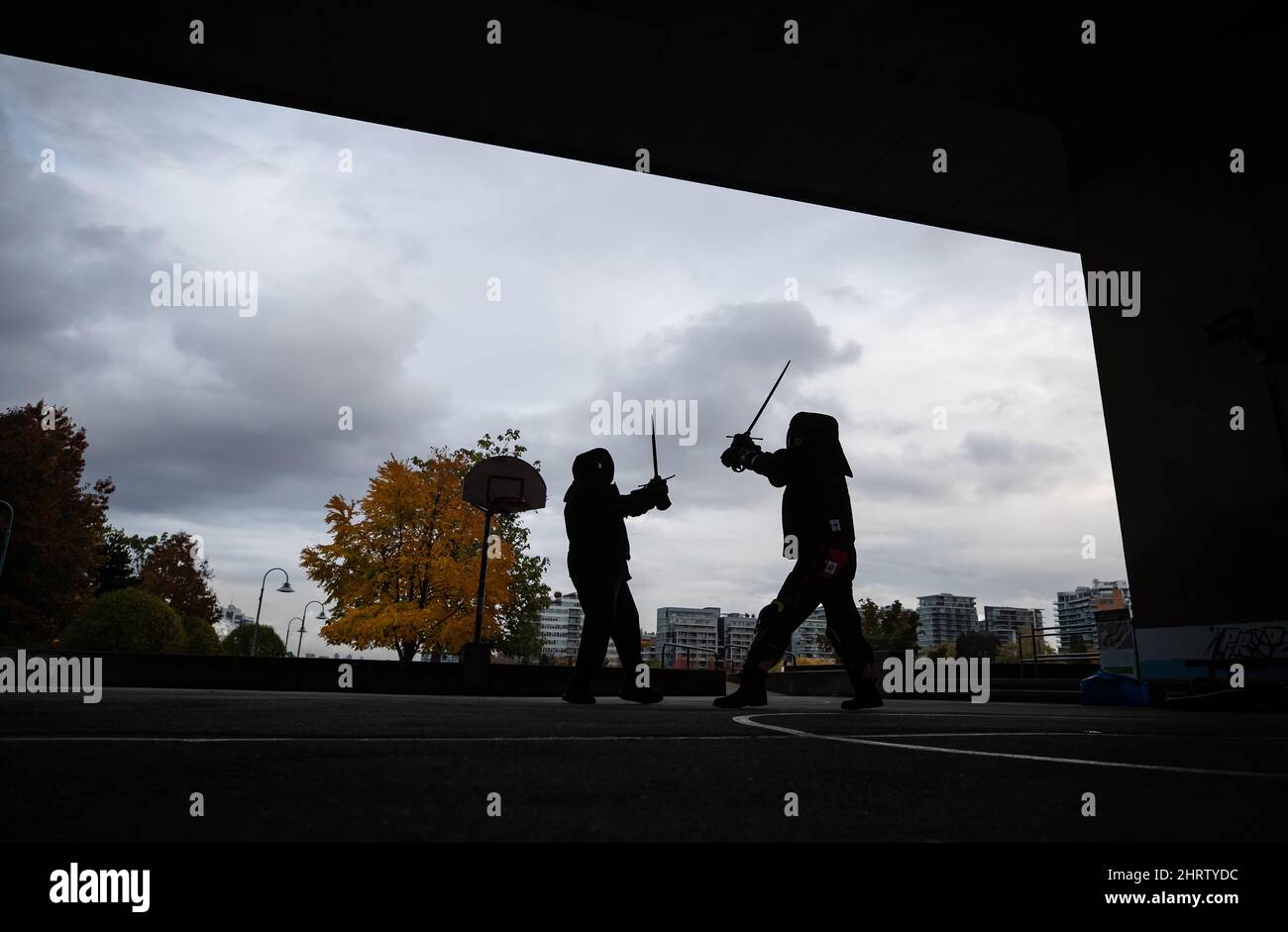 Julian Schuetze, left, and Kevin Xiao are silhouetted as they practice ...