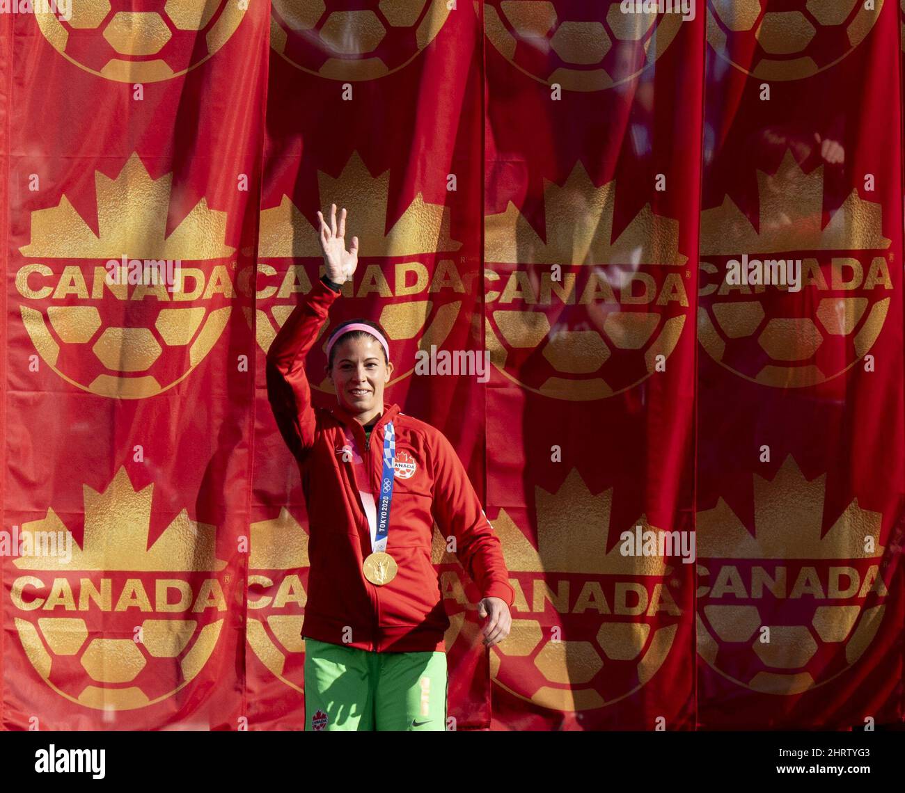 Canadaâ€™s Stephanie Labbe waves as she is introduced before a match ...