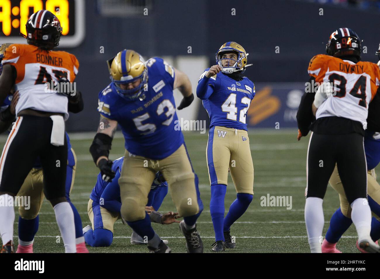 Winnipeg Blue Bombers kicker Ali Mourtada (42) kicks a field goal ...