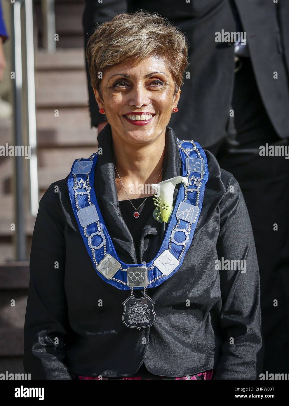 Jyoti Gondek wears her chain of office after being sworn-in as the new ...