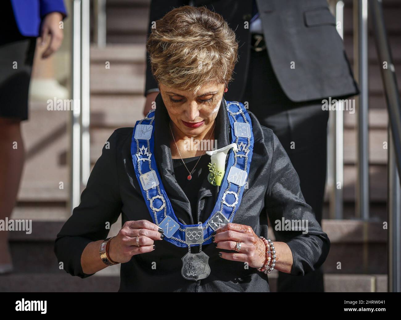 Jyoti Gondek adjusts her chain of office after being sworn-in as the ...