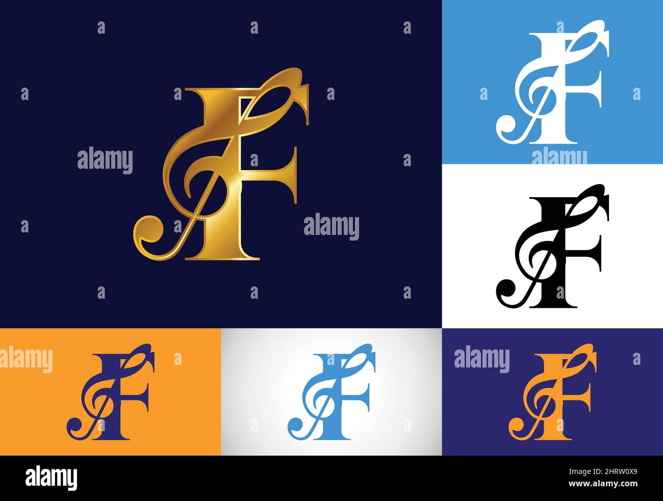 Initial F monogram alphabet with a musical note. Symphony or melody ...