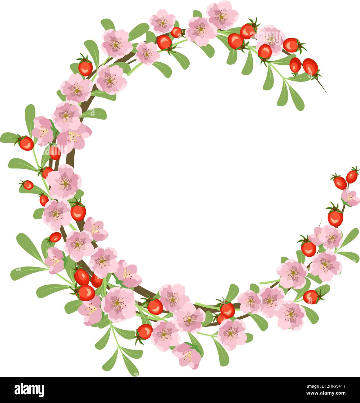 Rosehip wreath. Round frame, cute pink flowers rose red fruits and ...