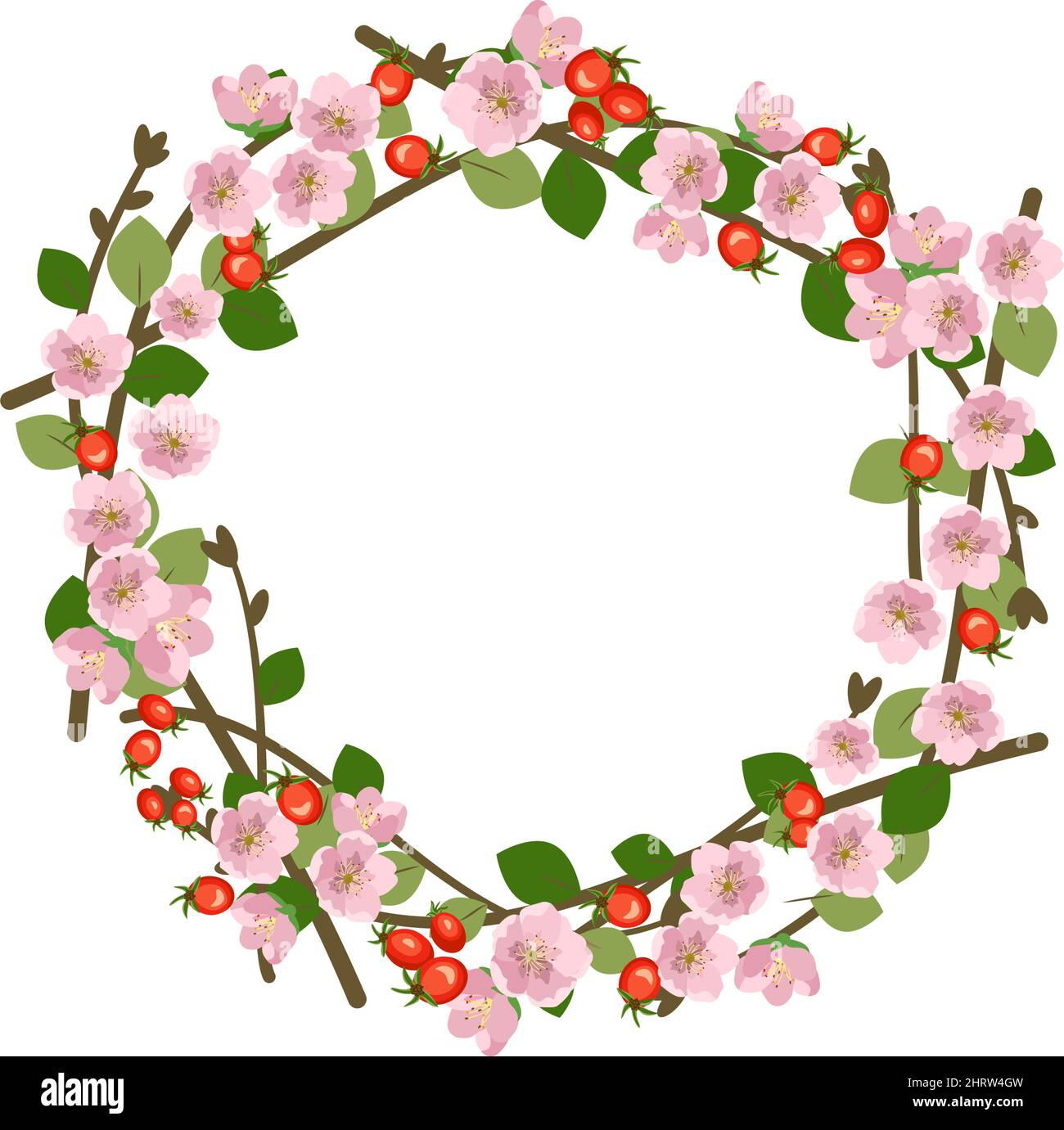 Rosehip wreath. Round frame, cute pink flowers rose red fruits and ...