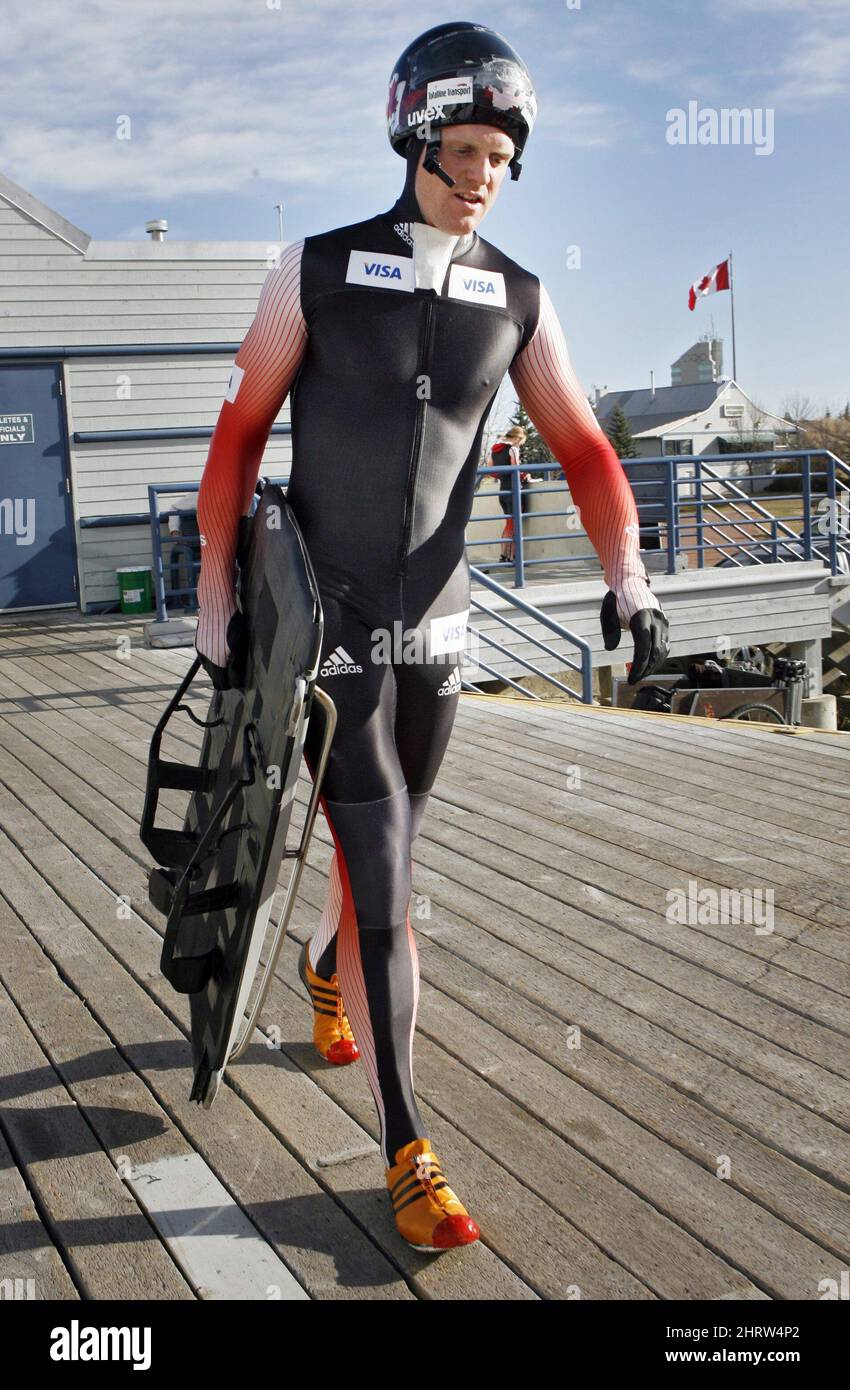 Canadian skeleton team member Jeff Pain, from Calgary, Alta., carries ...