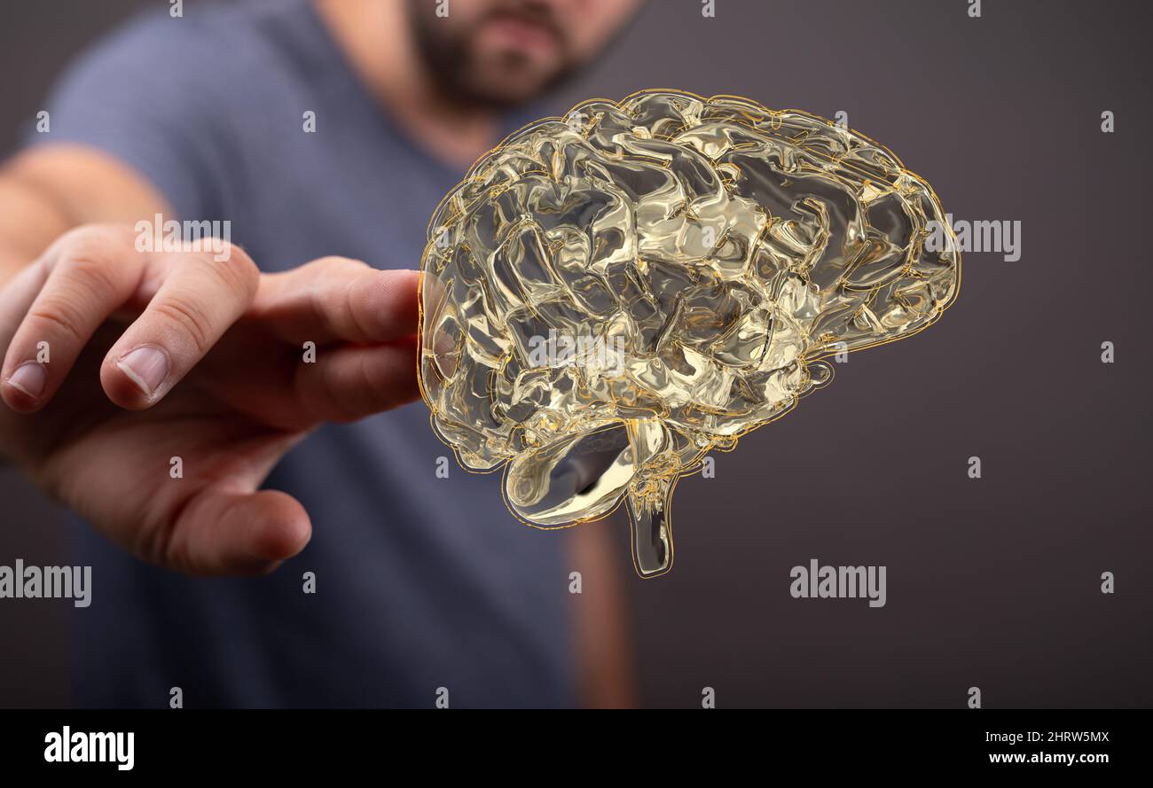 Illustration of a hand holding a human brain Stock Photo - Alamy