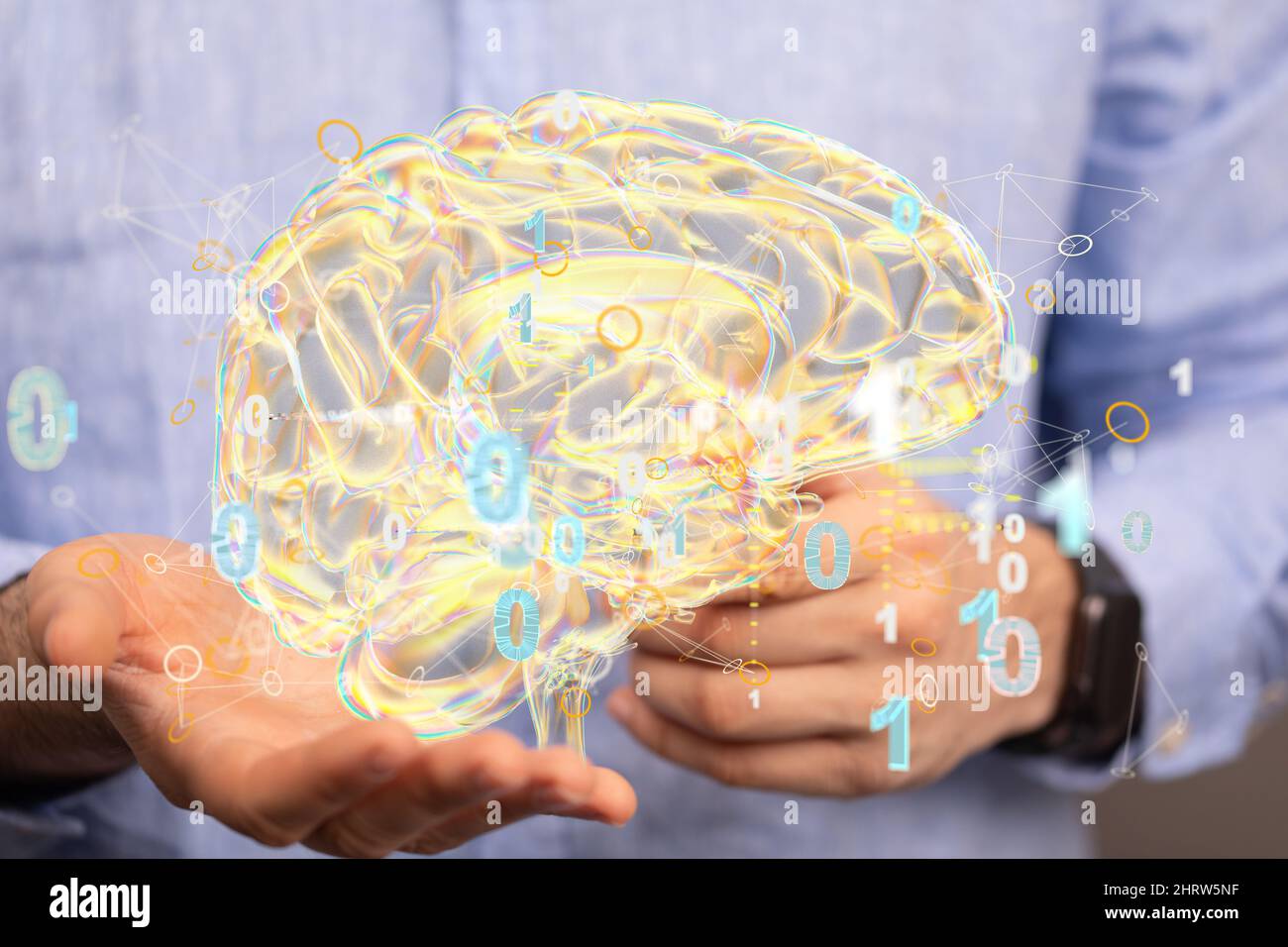 Illustration of a hand holding a human brain Stock Photo - Alamy
