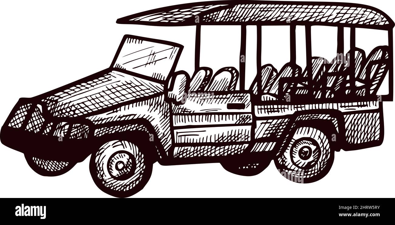 Safari bus sketch isolated. Vintage adventure off road car in hand ...