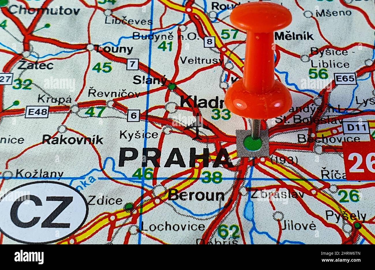 Closeup of the location on the map of Prague, Czech republic Stock ...