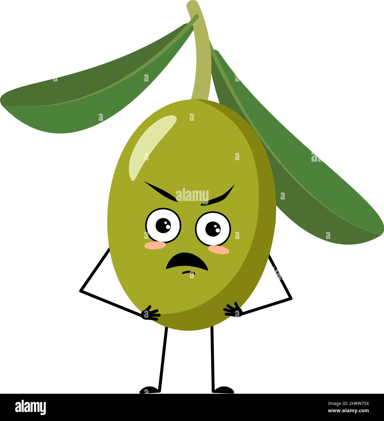 Olive character with angry emotions, grumpy face, furious eyes, arms ...