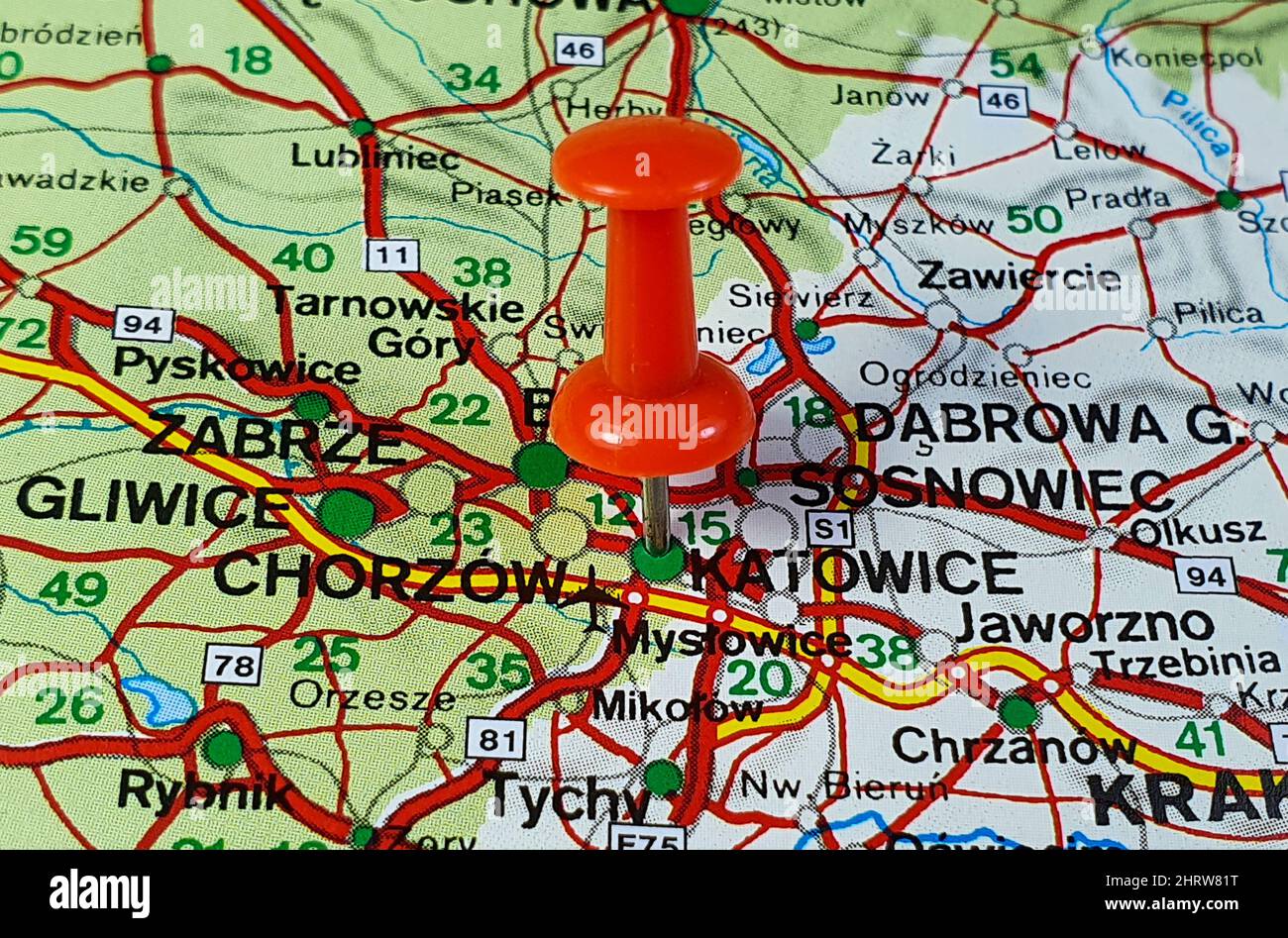 Closeup of the location on the map of Katowice, Poland Stock Photo - Alamy