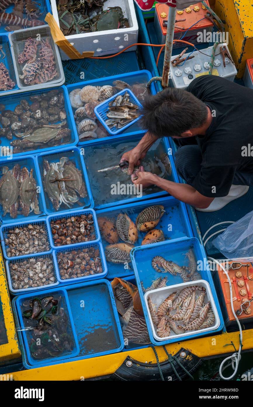 Local fisherman sells catch from small boat at seawall of Sai Kung ...