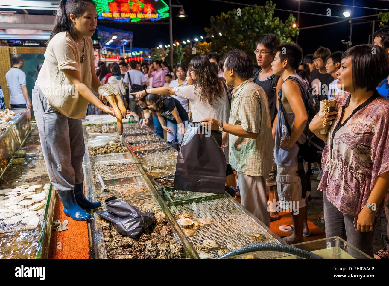 A staff member displays geoduck clams from the live fish and seafood on ...